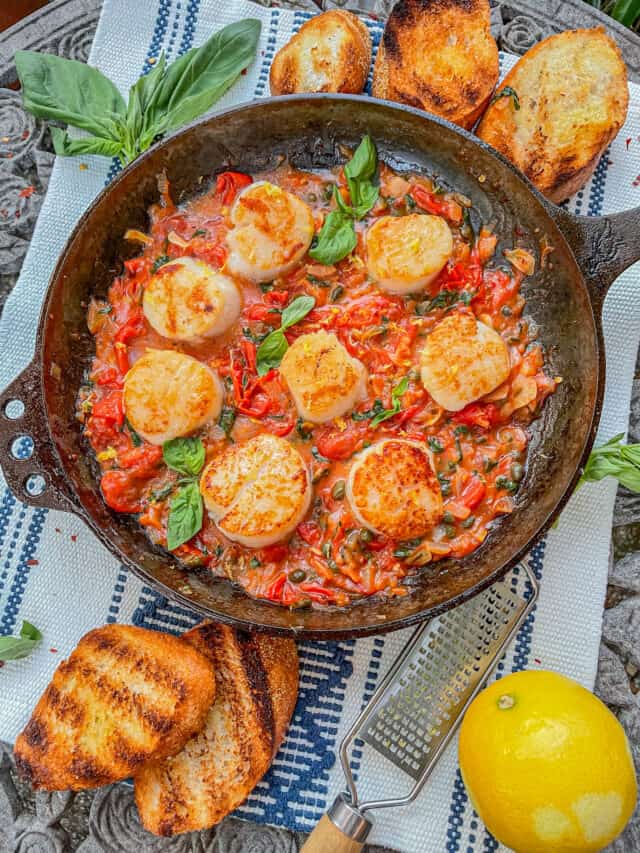 Scallops with Jammy Tomato Caper Sauce - Beach Girl Grills